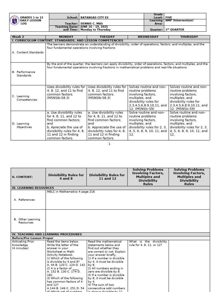 Grade 5 NMP Quarter 1 Week 2 | PDF | Numbers | Mathematics