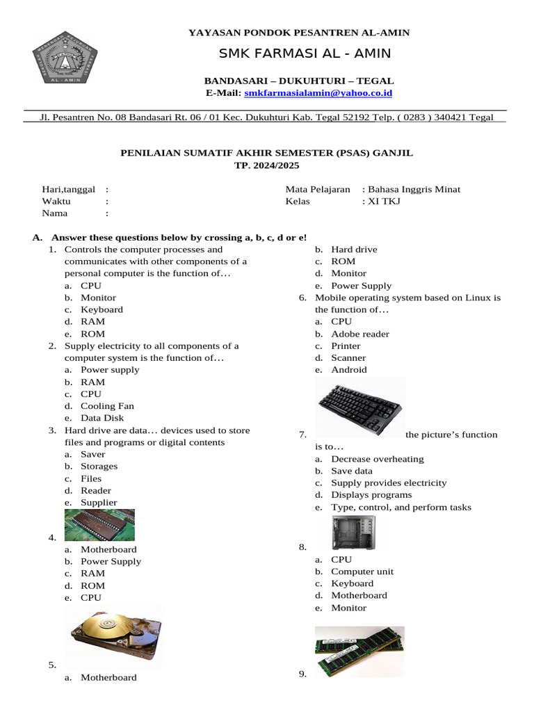 Soal TKJ Minat 2024-2025 | PDF | Computer Hardware | Input/Output