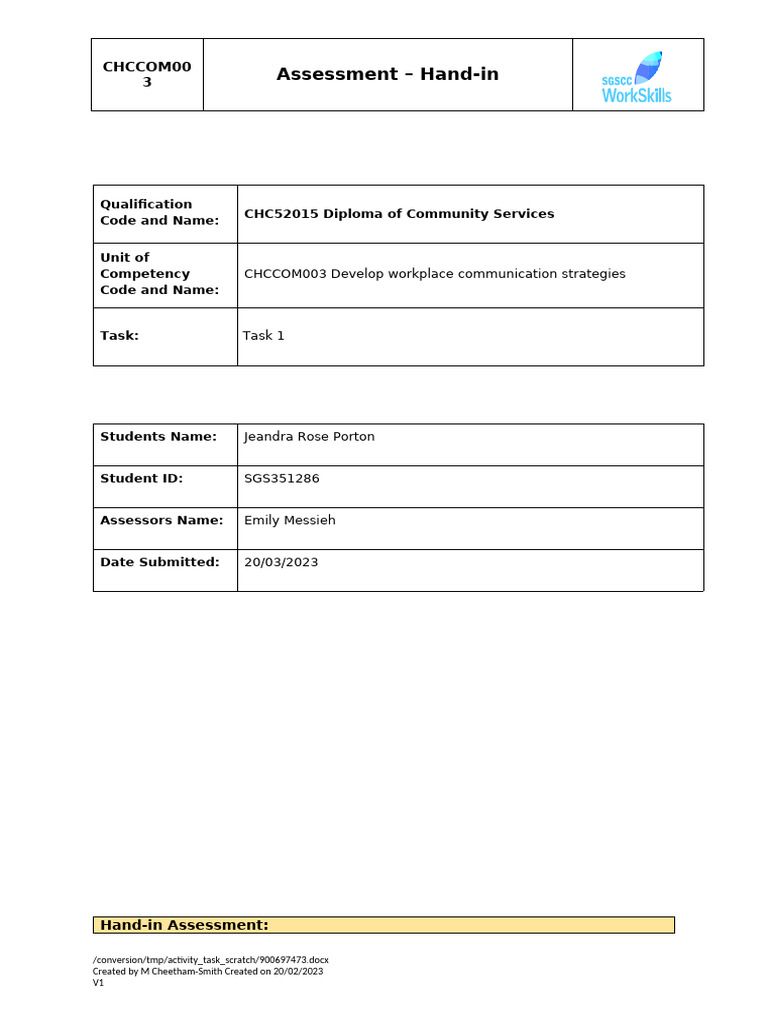 Jeandra Rose Porton CHCCOM003 Hand-In Assessment Task | PDF