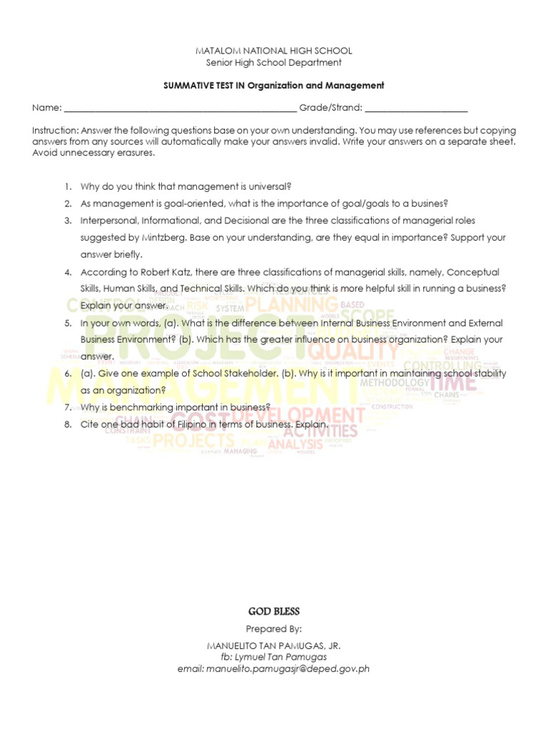 1st SUMMATIVE TEST in Organization and Management | PDF