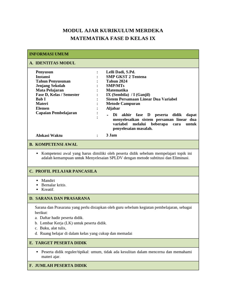 Modul Ajar SPLDV | PDF