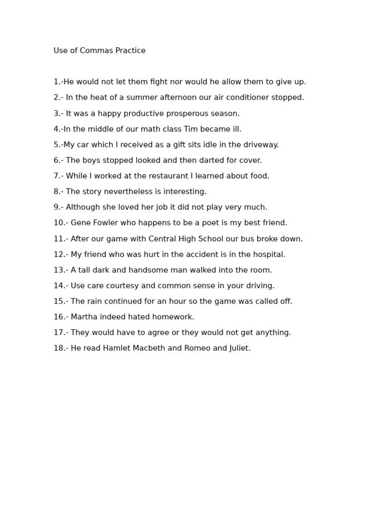 Use of Commas Practice | PDF