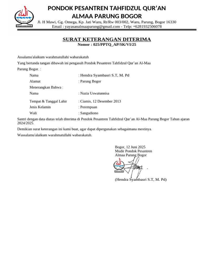 Surat Keterangan Santri | PDF