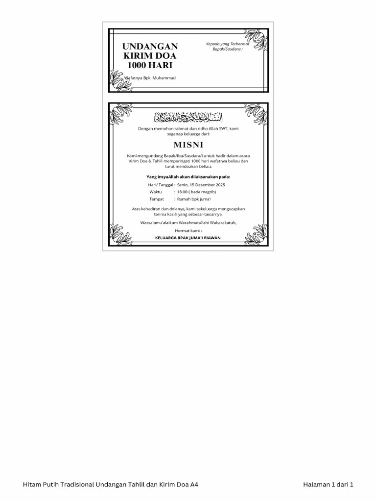 Hitam Putih Tradisional Undangan Tahlil Dan Kirim Doa A4 - 20250528 - 014726 - 0000 | PDF
