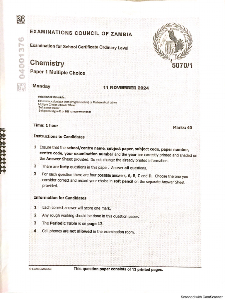 ECZ 2024 Pure Chemistry Paper 1 Internal | PDF