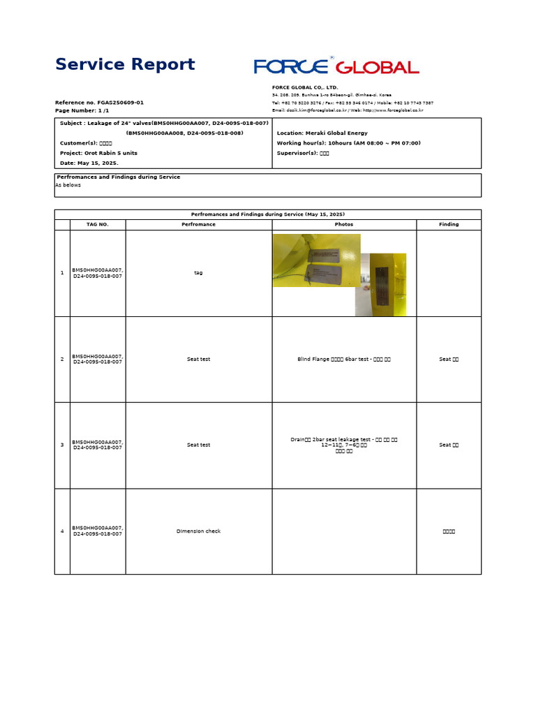Fgas 250609-01 (Servce Report-24inch Seat Leakage) | PDF