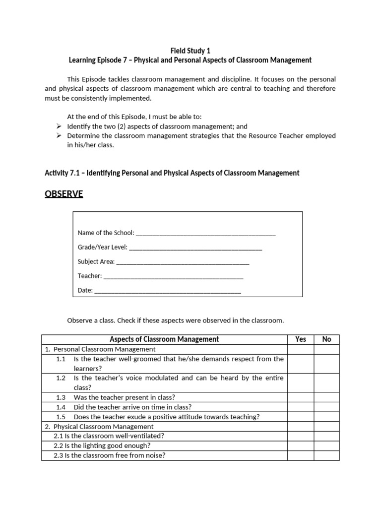 Episode 7 Physical and Personal Aspects of Classroom Management | PDF ...