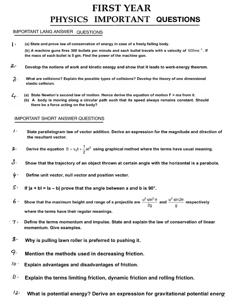 First Year Physics Important Questions | PDF