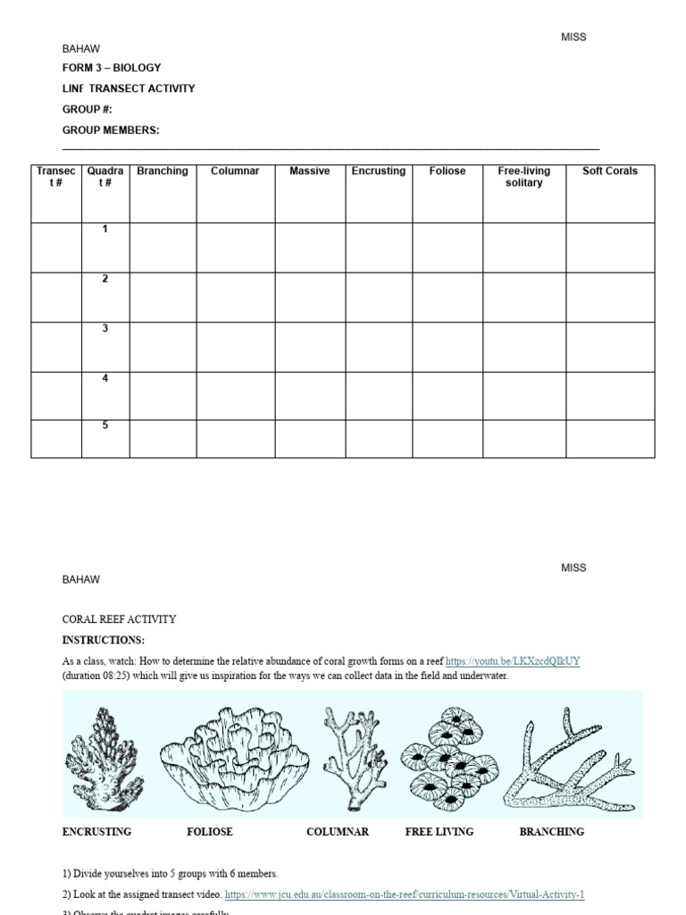 Coral Reef Data Collection Activity | PDF
