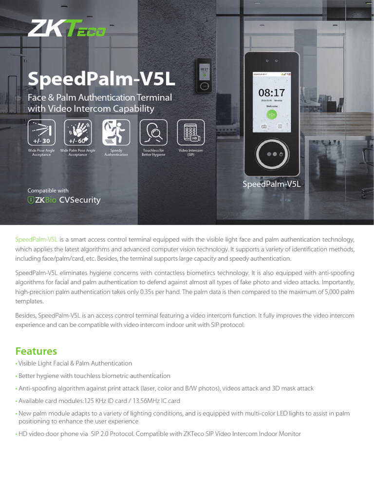 SpeedPalm-V5L Datasheet 20240920 | PDF | Biometrics | Access Control