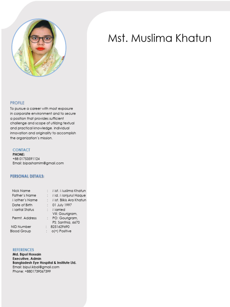 Mst. Muslima Khatun's Professional Profile | PDF