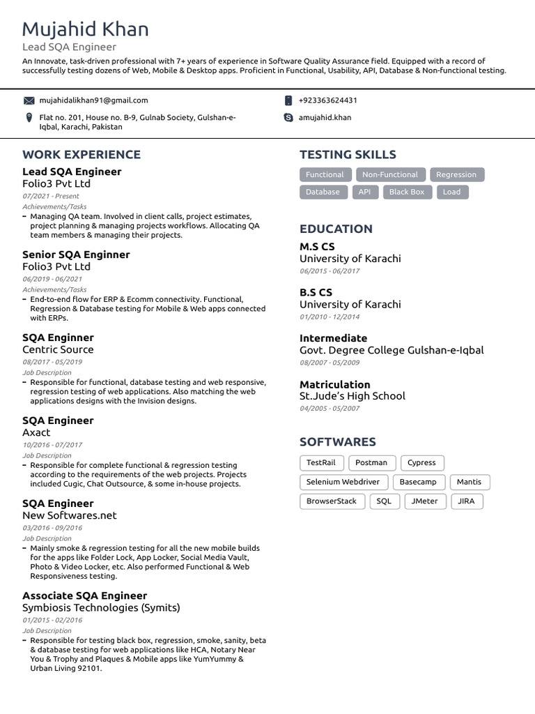 Mujahid Resume Leads Qa | PDF | Software Engineering | Quality Assurance