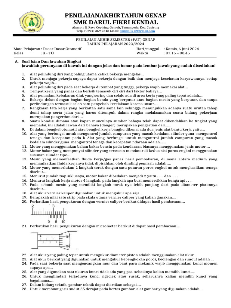 Soal Dasar Dasar Tomotif X - To | PDF