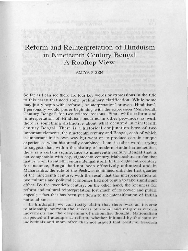 Reform and Reinterpretation of Hinduism in Nineteenth Century Bengal A ...