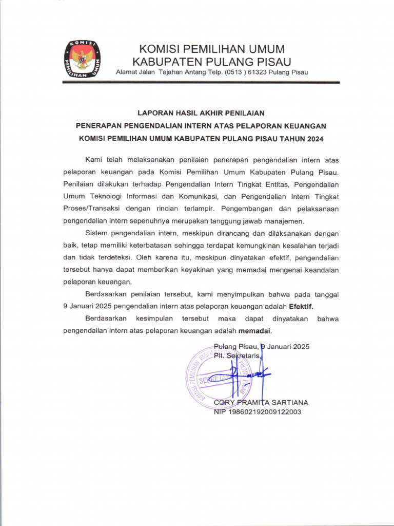 Laporan Hasil Penilaian Penerapan PIPK KPU Pulang Pisau | PDF