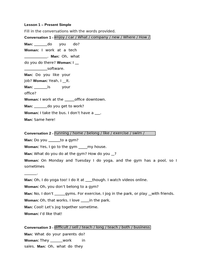 Present Simple Conversation Exercises | PDF