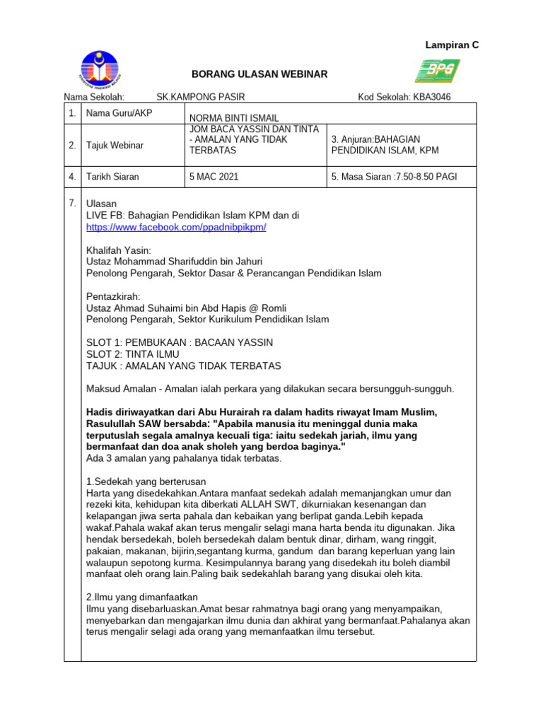 Borang Ulasan Webinar Ke-1 | PDF