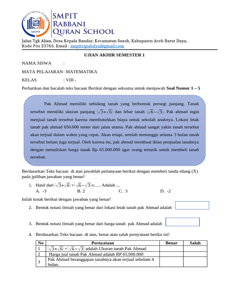 Soal Uas MTK Kls Viii Sem 1 (2024) | PDF