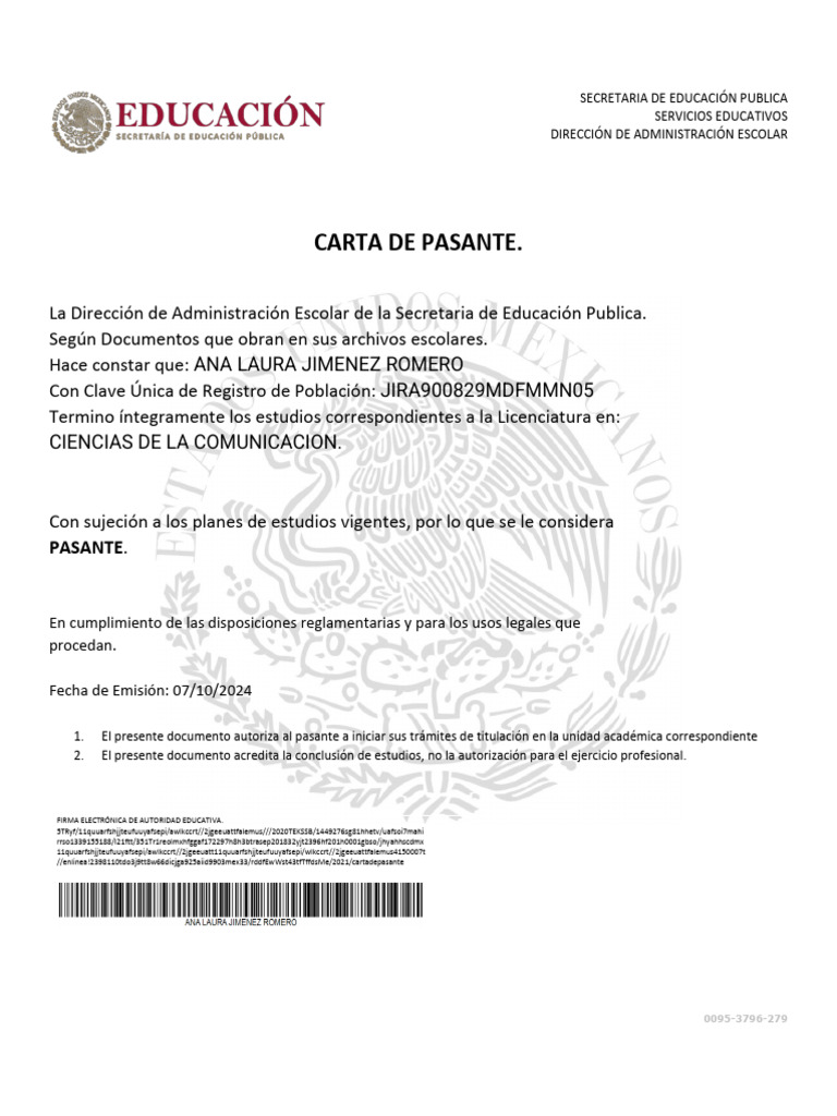 Carta de Pasante ANA LAURA JIMENEZ ROMERO | PDF