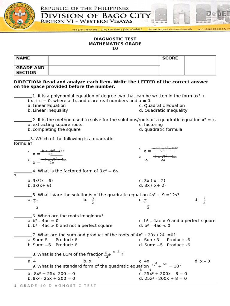Diagnostic Test - Mathematics 10 | PDF | Quadratic Equation | Algebra