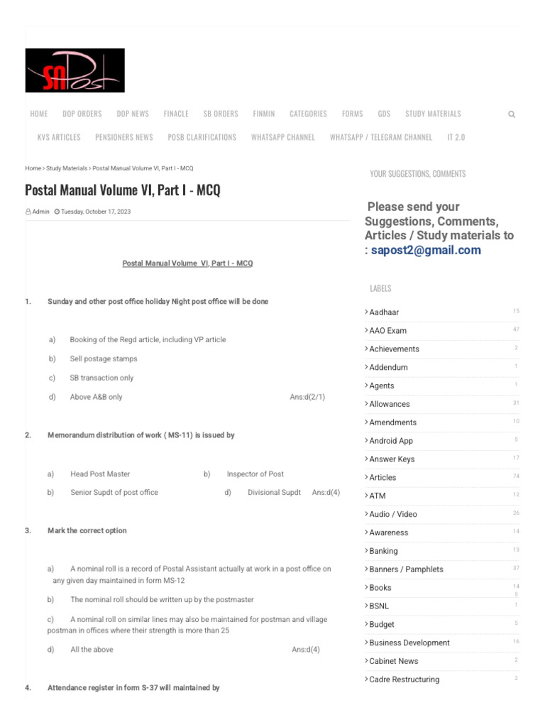 Postal Manual VI Part I MCQs | PDF | Mail | Freight Transport