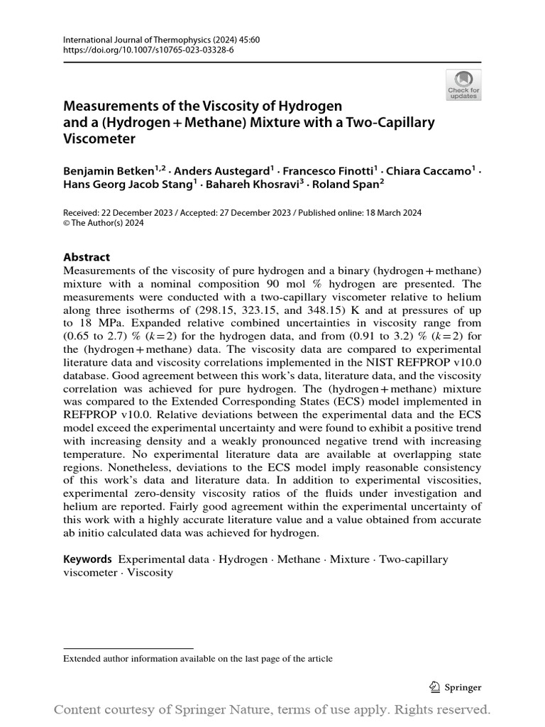 Measurements of The Viscosity of Hydrogen and A Hy | PDF | Viscosity ...