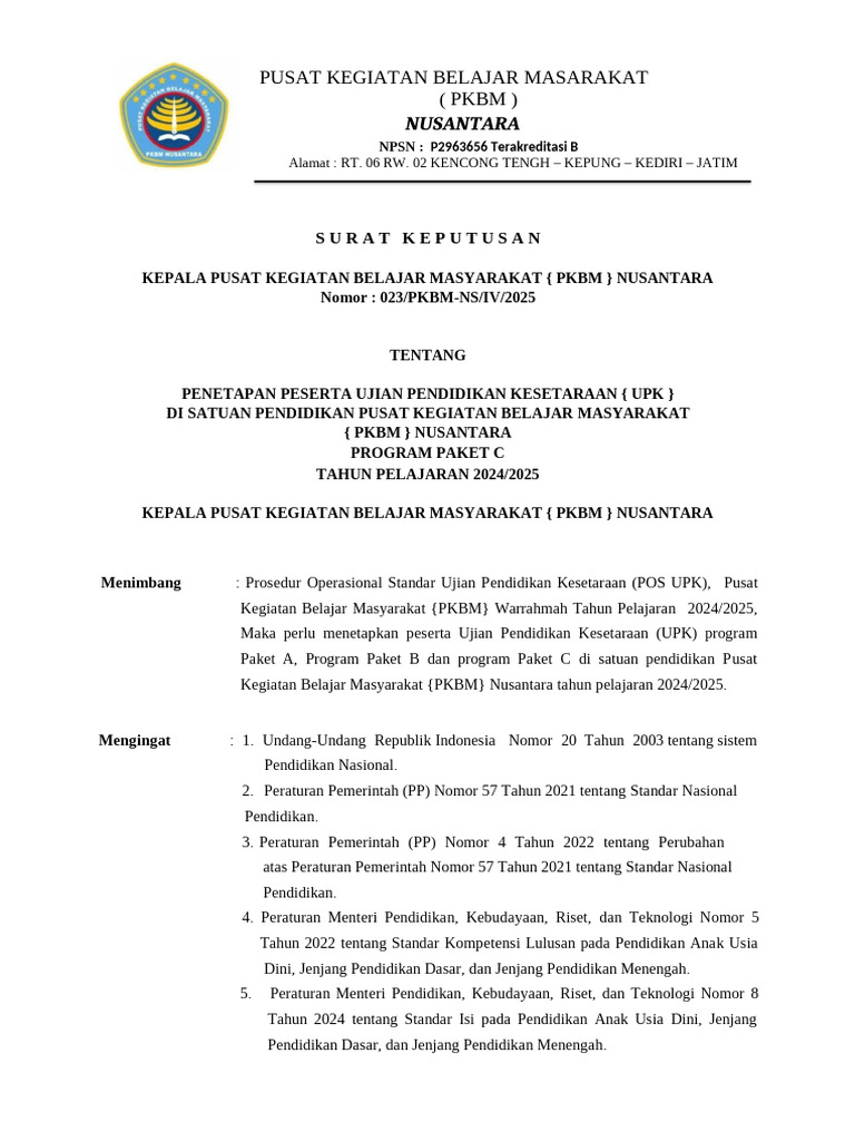 Contoh SK Penetapan Peserta Upk 2025 Final | PDF