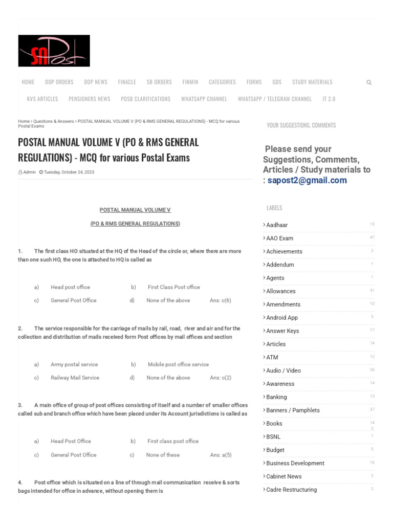 Postal Manual V: MCQs for Exams | PDF | Mail | Service Industries