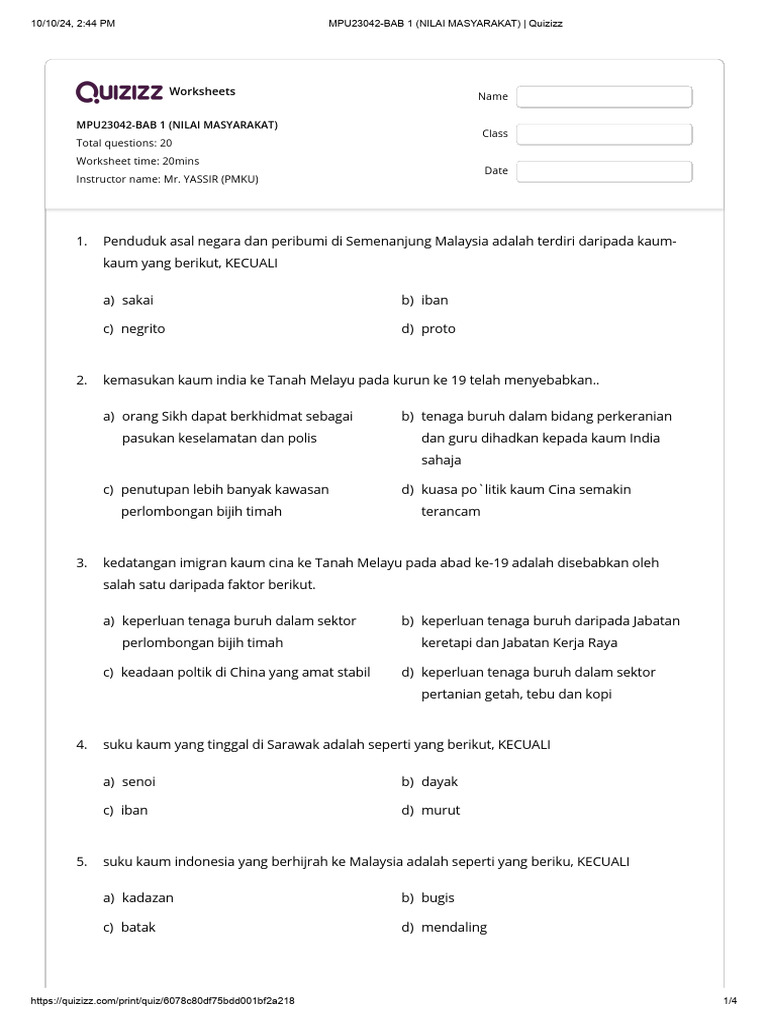 MPU23042-BAB 1 (NILAI MASYARAKAT) - Quizizz | PDF