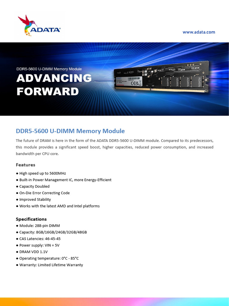 Datasheet ddr5 5600 U Dimm 20230824 | PDF | Dynamic Random Access Memory | X86 Architecture