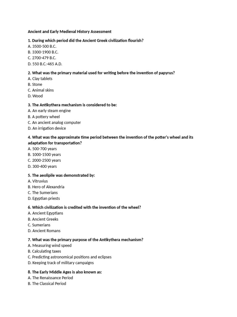 Ancient and Early Medieval History Assessment | PDF | Wheel | Papyrus