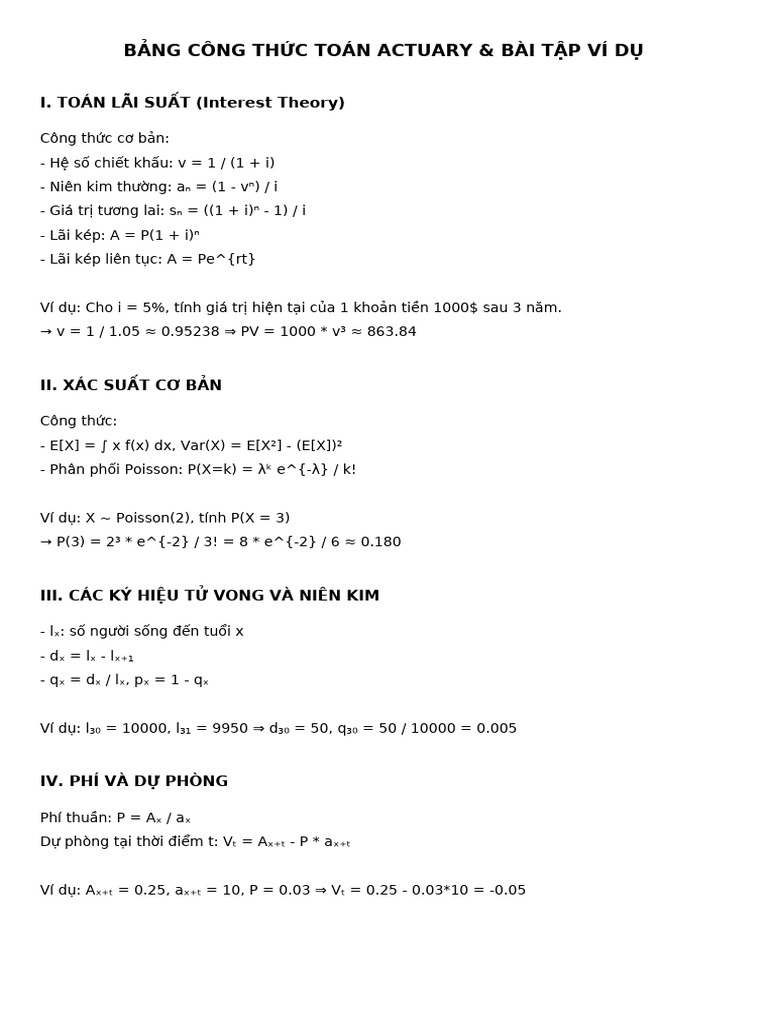Bang Cong Thuc Toan Actuary | PDF