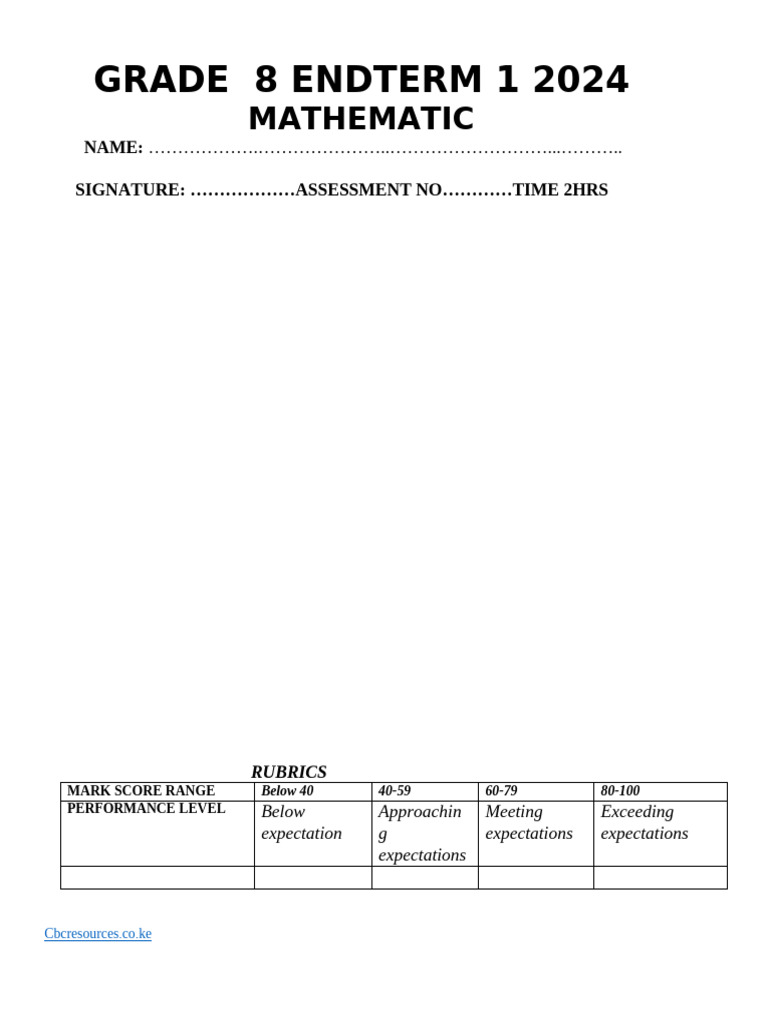 Grade 8 Math Qs Endterm 1 Exam 2024 | PDF | Mathematics | Educational ...