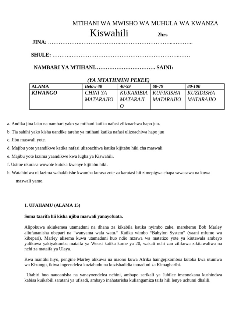 Grade 8 Kiswahili Qs Endterm 1 Exam 2024 | PDF