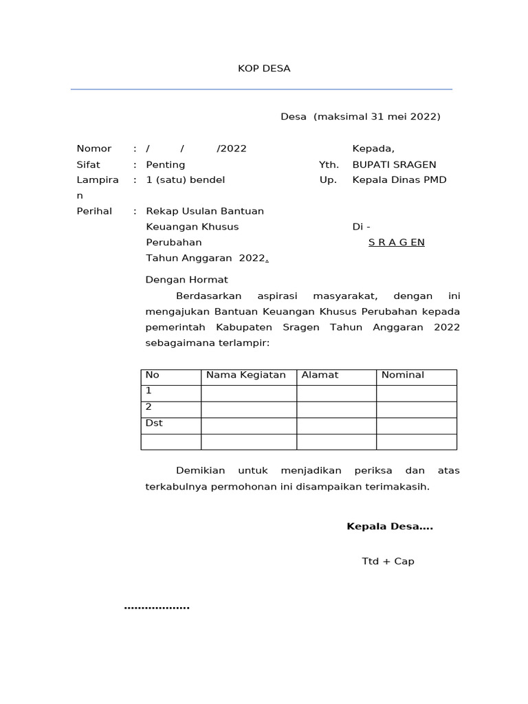 Contoh Pengajuan BKK Perubahan 2022 | PDF