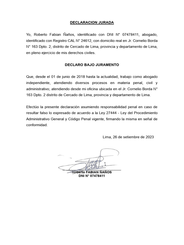 Declaración Jurada de Abogado Independiente | PDF