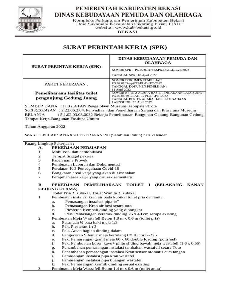 SPK, SSUK, SSKK Pemeliharaan Fasilitas Toilet Pengunjung Gedung Juang | PDF