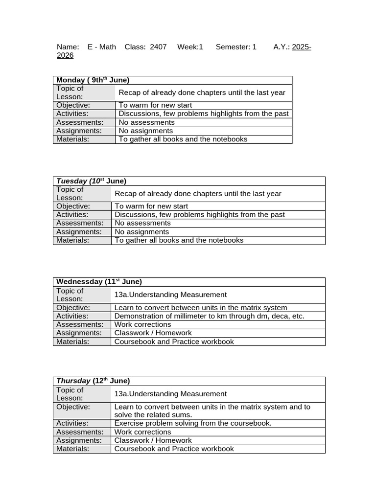 2407 IGCSE Weekly Plan .25.26 | PDF | Teaching | Learning