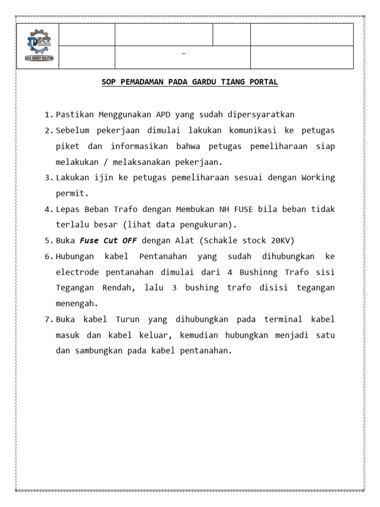 SOP Pemadaman Dan Pengoperasian Kembali Gardu Tiang - DISTRIBUSI | PDF
