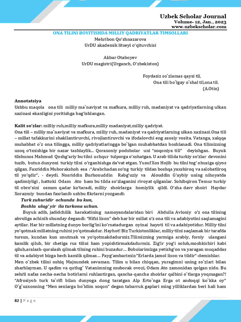 Ona Tilini Boyitishda Milliy Qadriyatlar Timsollari: Uzbek Scholar ...