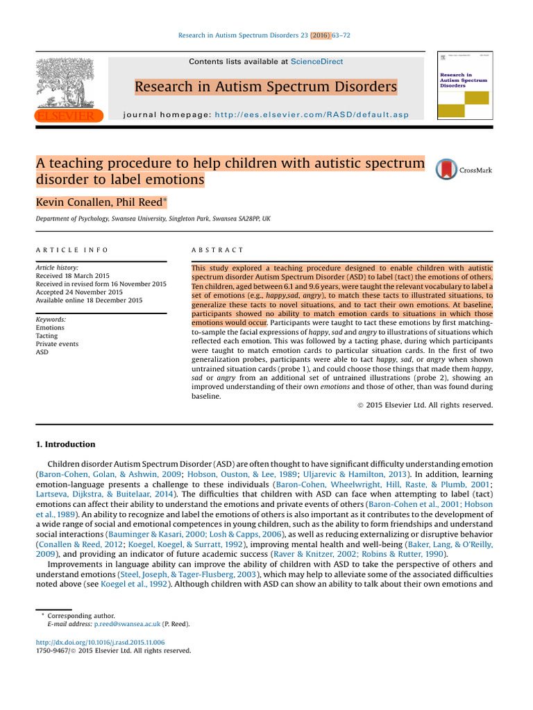 Research in Autism Spectrum Disorders: Kevin Conallen, Phil Reed | PDF ...
