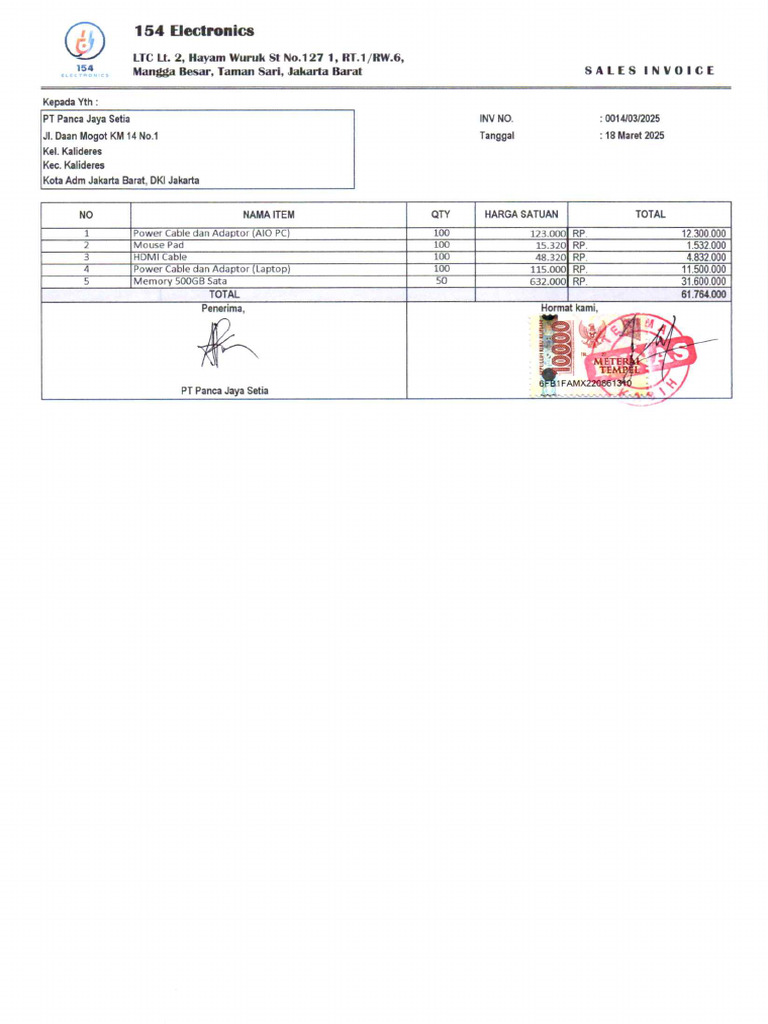 Invoice PJS LAPTOP Dan PC AIO (Elektrikal) | PDF