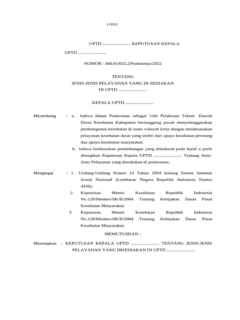SK Jenis-Jenis Pelayanan Di Puskesmas | PDF