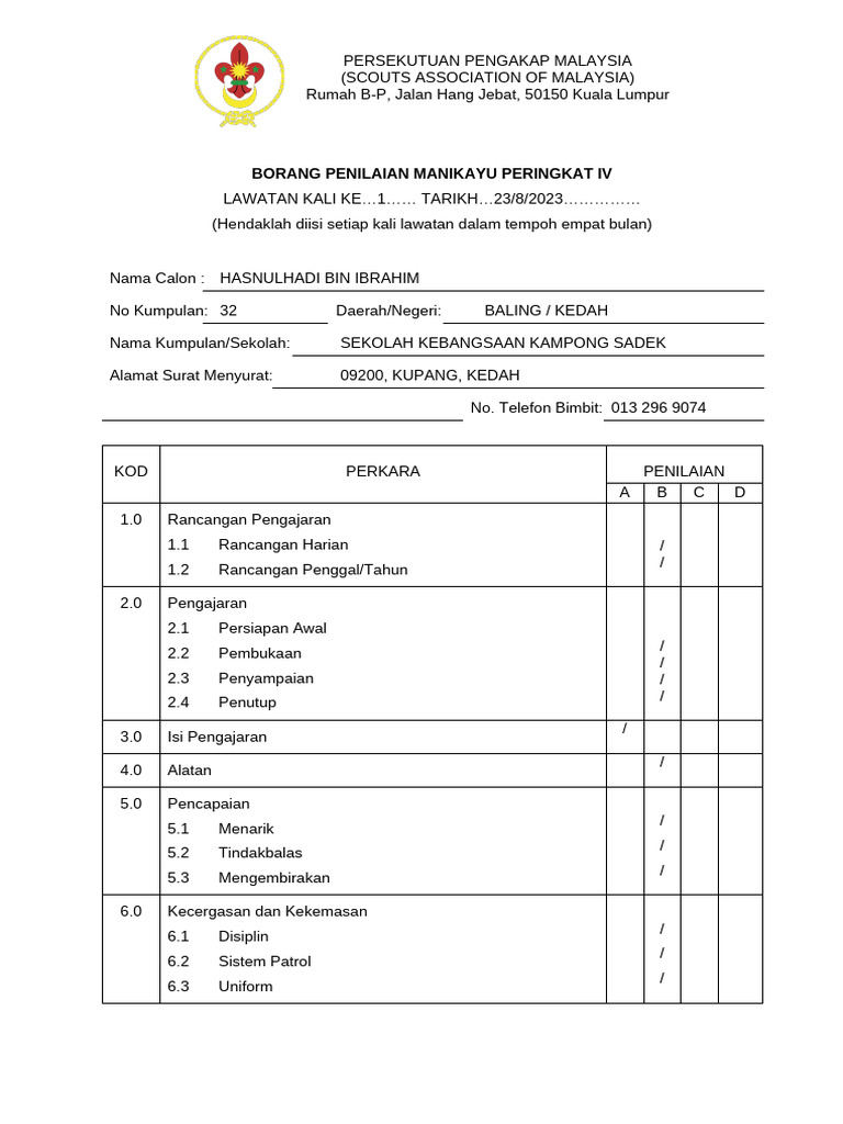 Borang Penilaian Manikayu Iv - Lawatan 1 2023 Hasnulhadi | PDF
