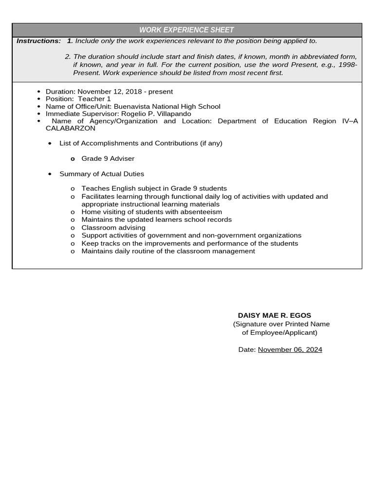 CS Form No. 212 Attachment Work Experience Sheet 1 | PDF
