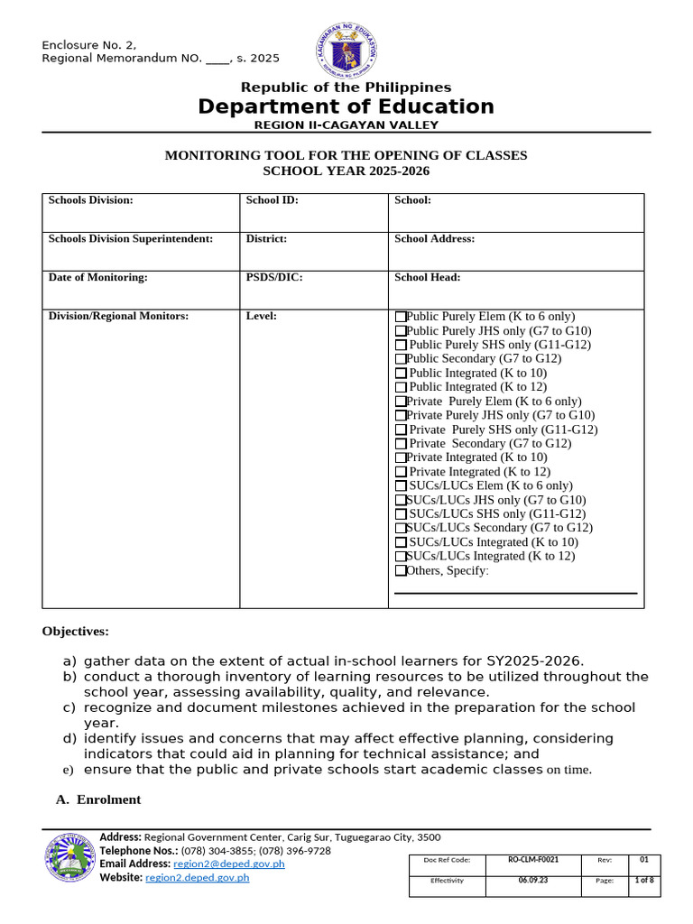 Monitoring Tool for SY 2025-2026 | PDF