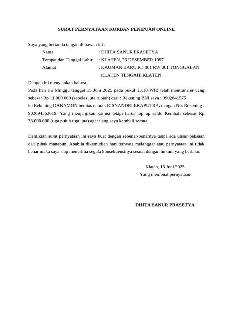Surat Pernyataan Korban Penipuan Online | PDF