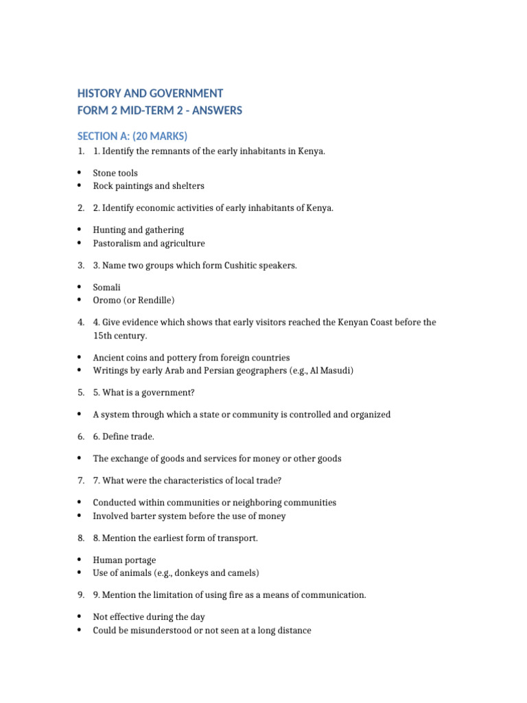 Form 2 History Mid-Term Answers | PDF | Kenya | Transport