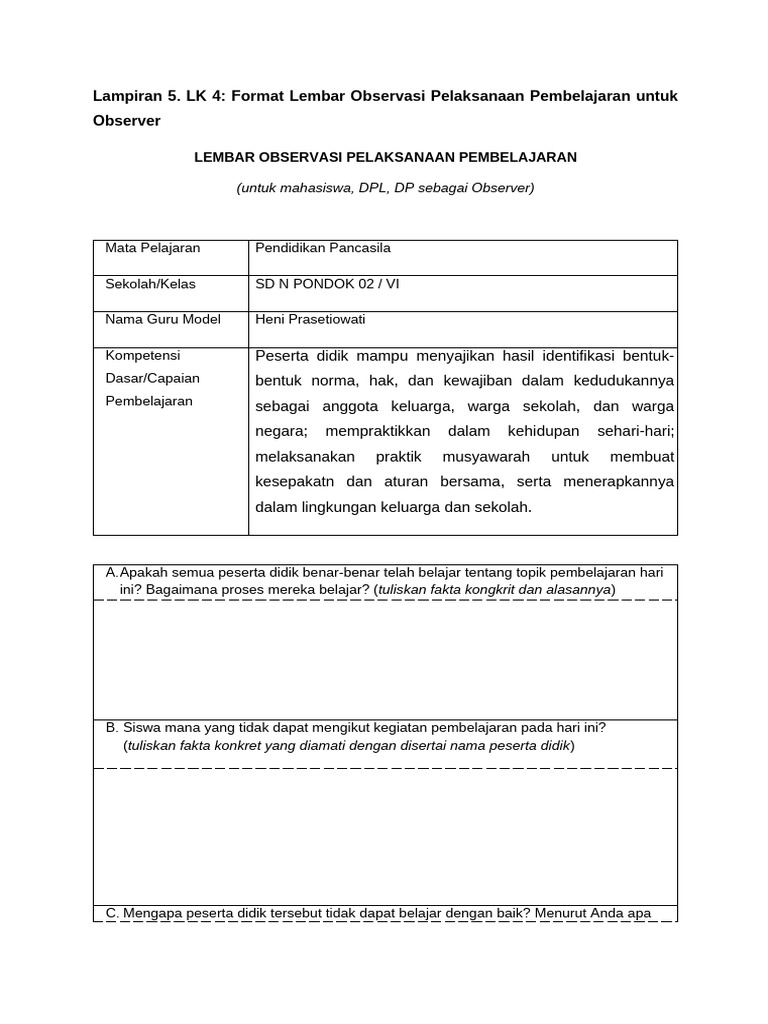 HENI - SIKLUS 2 Lampiran 5. LK 4 Format Lembar Observasi Pelaksanaan Pembelajaran Untuk Observer ...