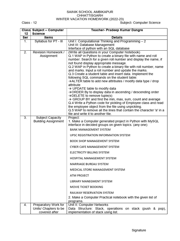 Winter Vacation Homework Sainik School | PDF | Databases | Python (Programming Language)